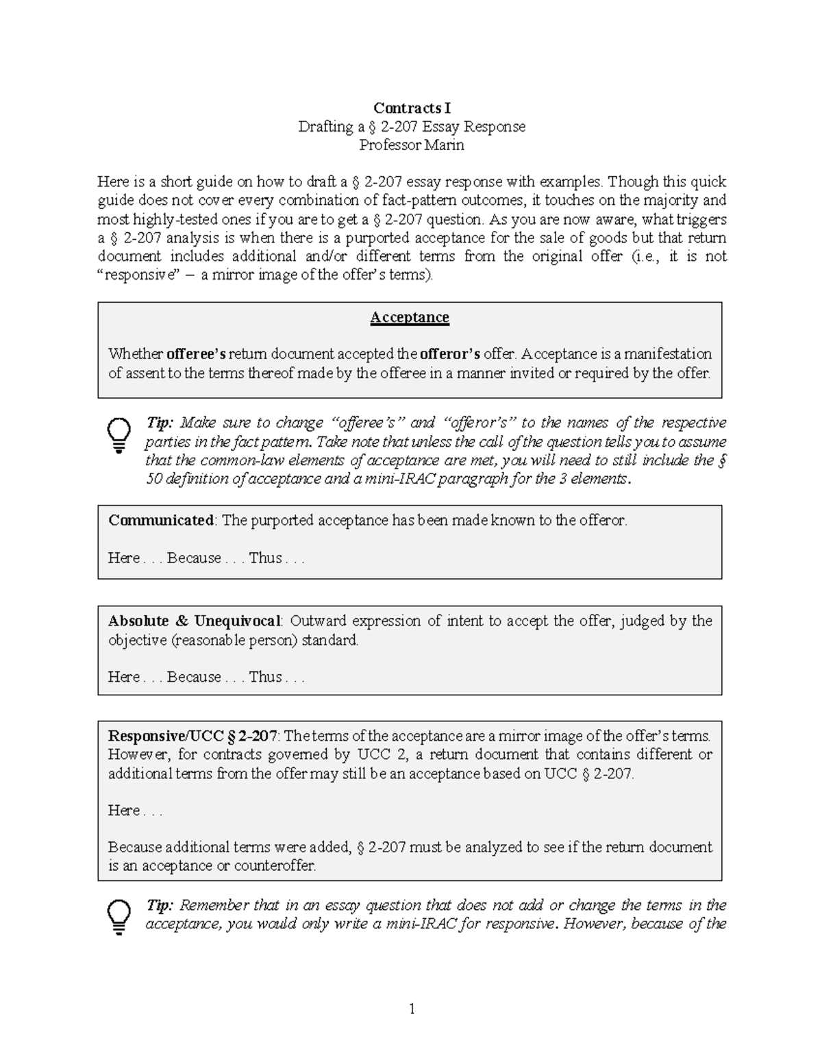 § 2-207 Essay Quick Guide - Contracts I Drafting a § 2-207 Essay ...