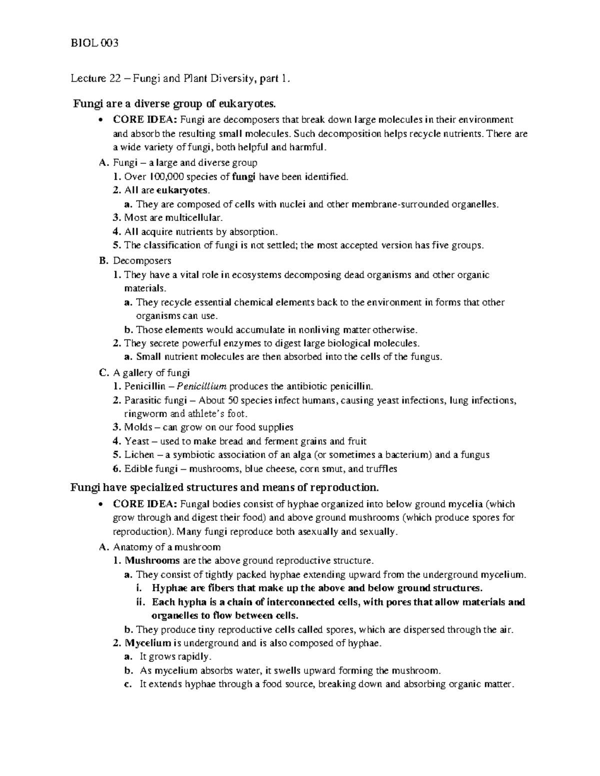 Lecture 22 Notes-Fungi and Plant I - Lecture 22 – Fungi and Plant ...