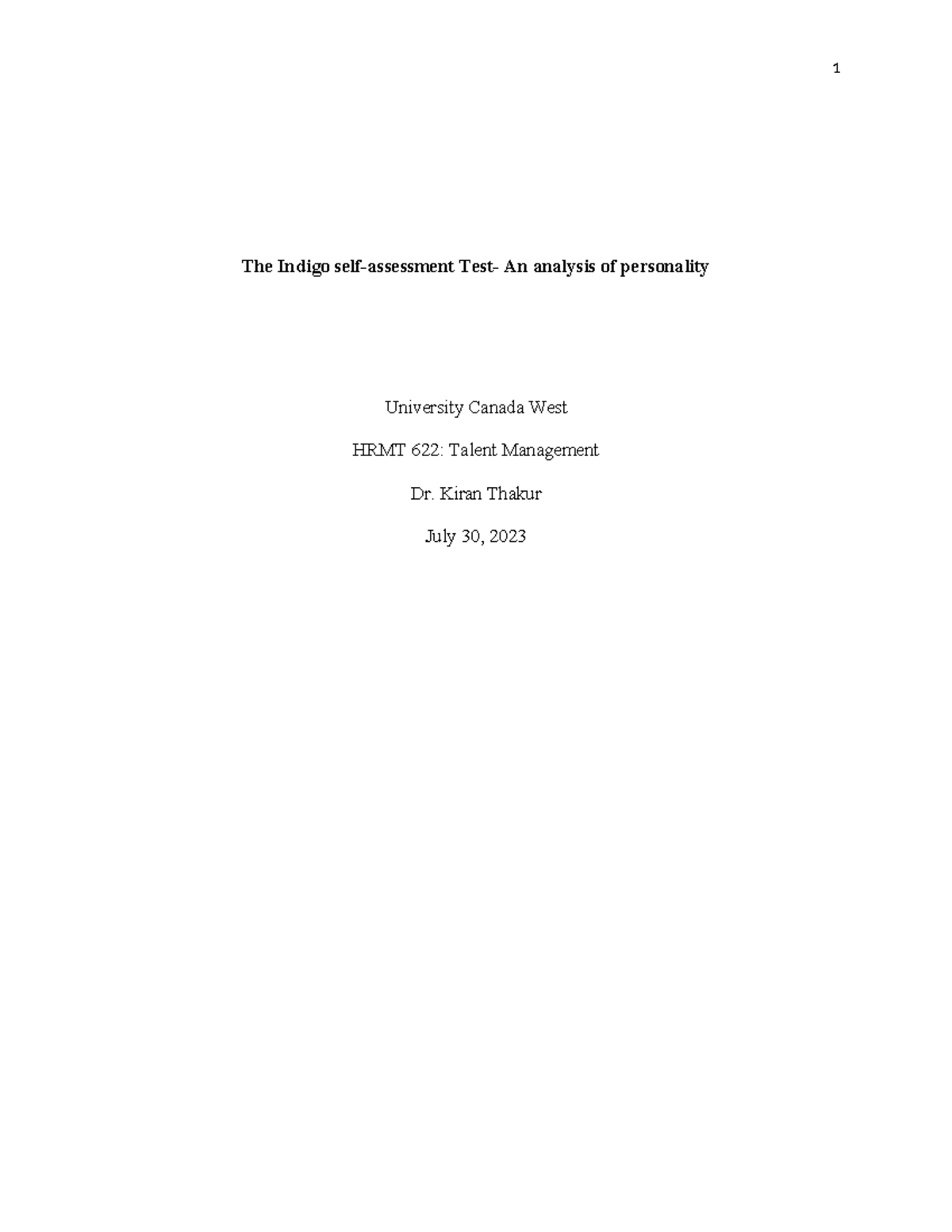 Indigo Assignment 1 - The Indigo self-assessment Test- An analysis of ...