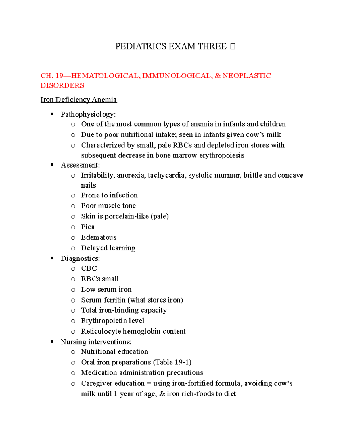 Pediatric exam 3 - Lecture notes from a student who received an A in ...