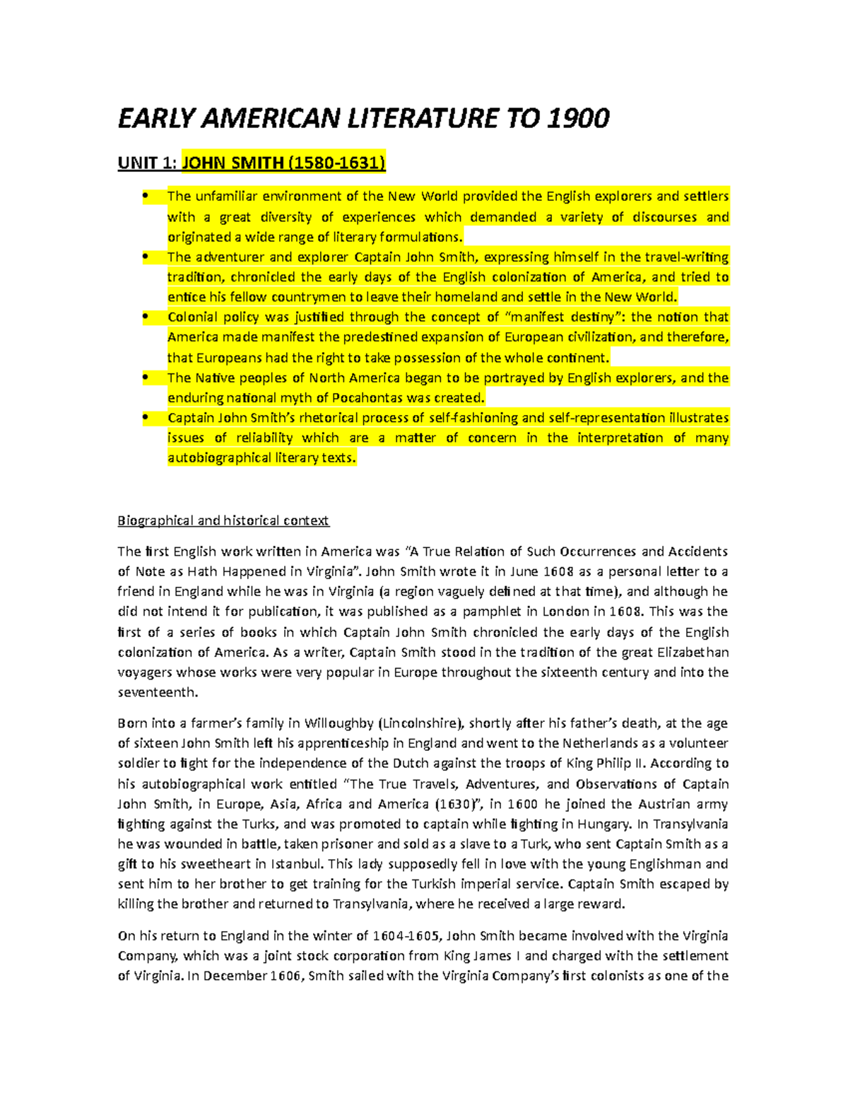 Apuntes LIT Norteamericana - EARLY AMERICAN LITERATURE TO 1900 UNIT 1 ...