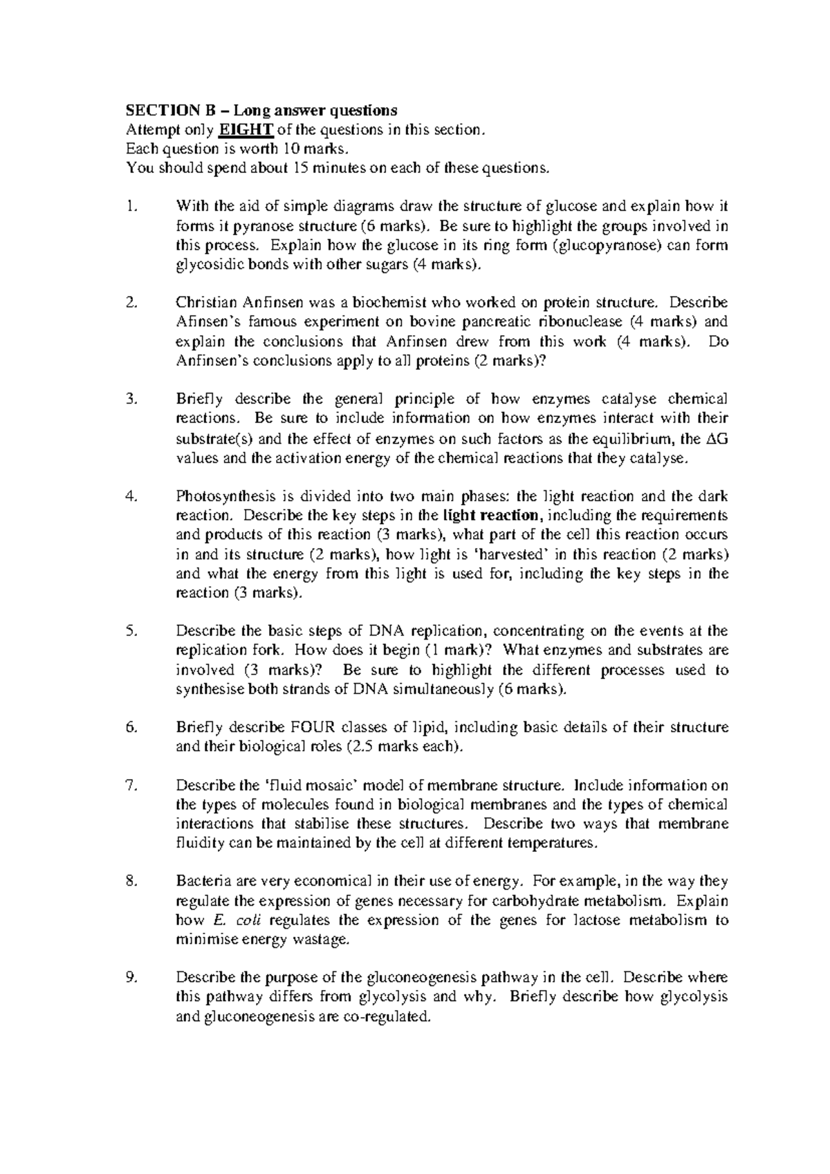 Biochemistry exam revision - SECTION B – Long answer questions Attempt ...