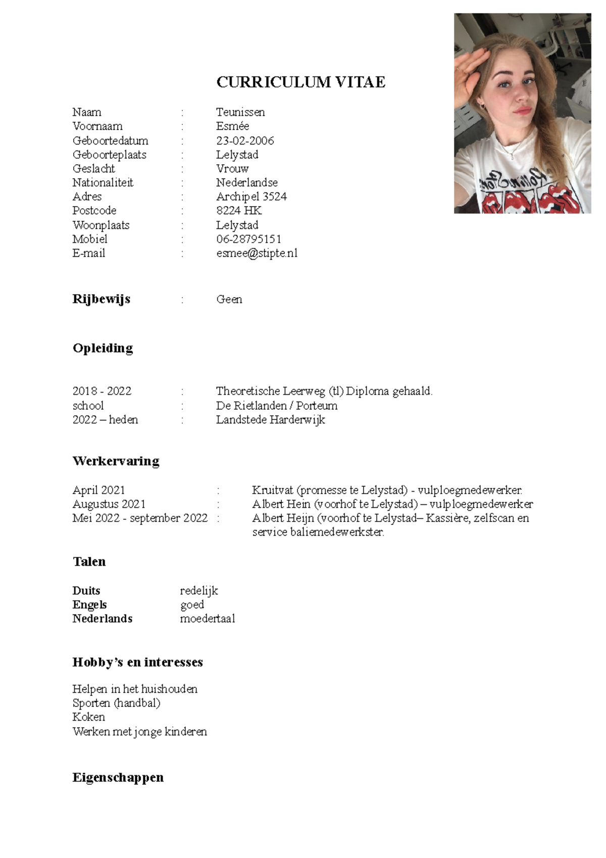 CV Esmee - dit is mijn CV - CURRICULUM VITAE Naam : Teunissen Voornaam ...