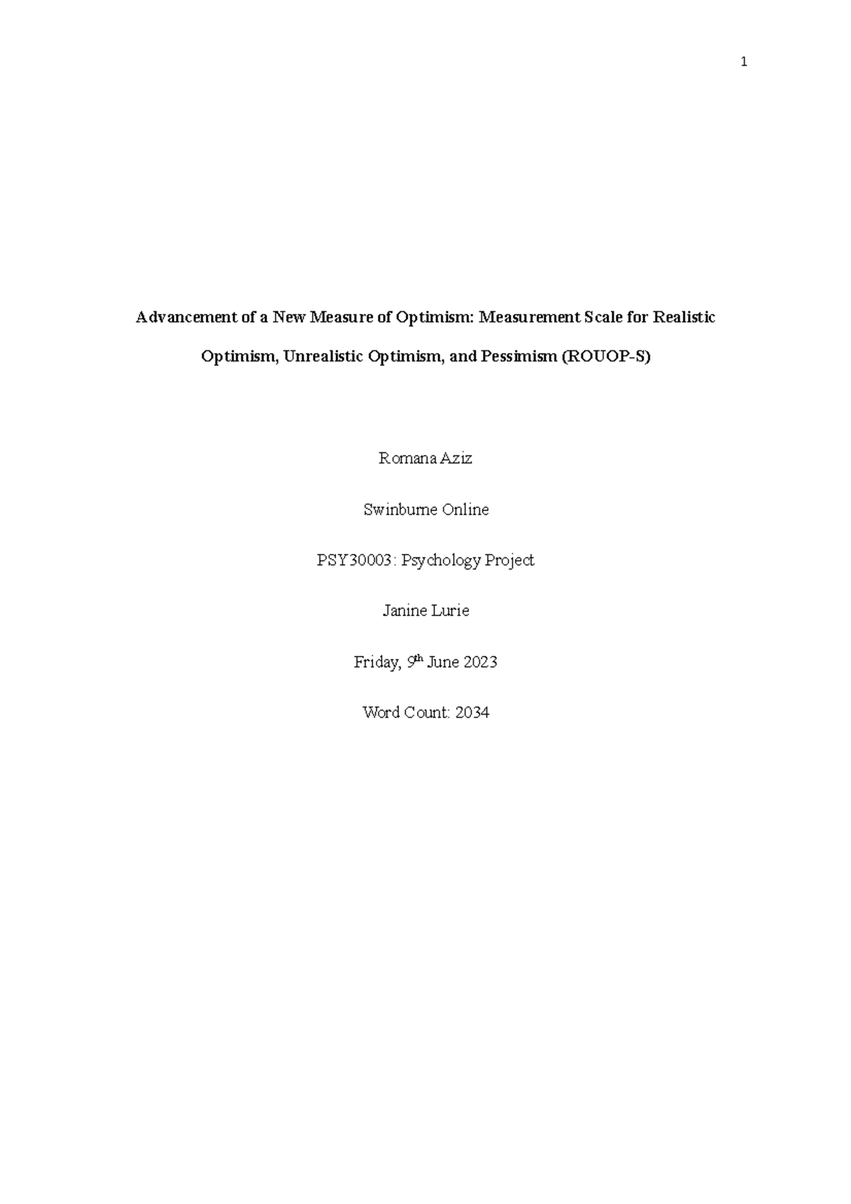 Psychology Project Assignment 3 Lab Report - Advancement of a New ...