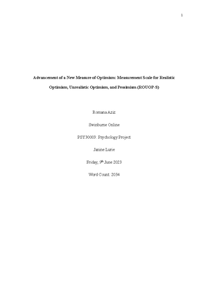 Labreport scale dev - Scale Development and Validation: Measures of Optimism Swinburne Online ...