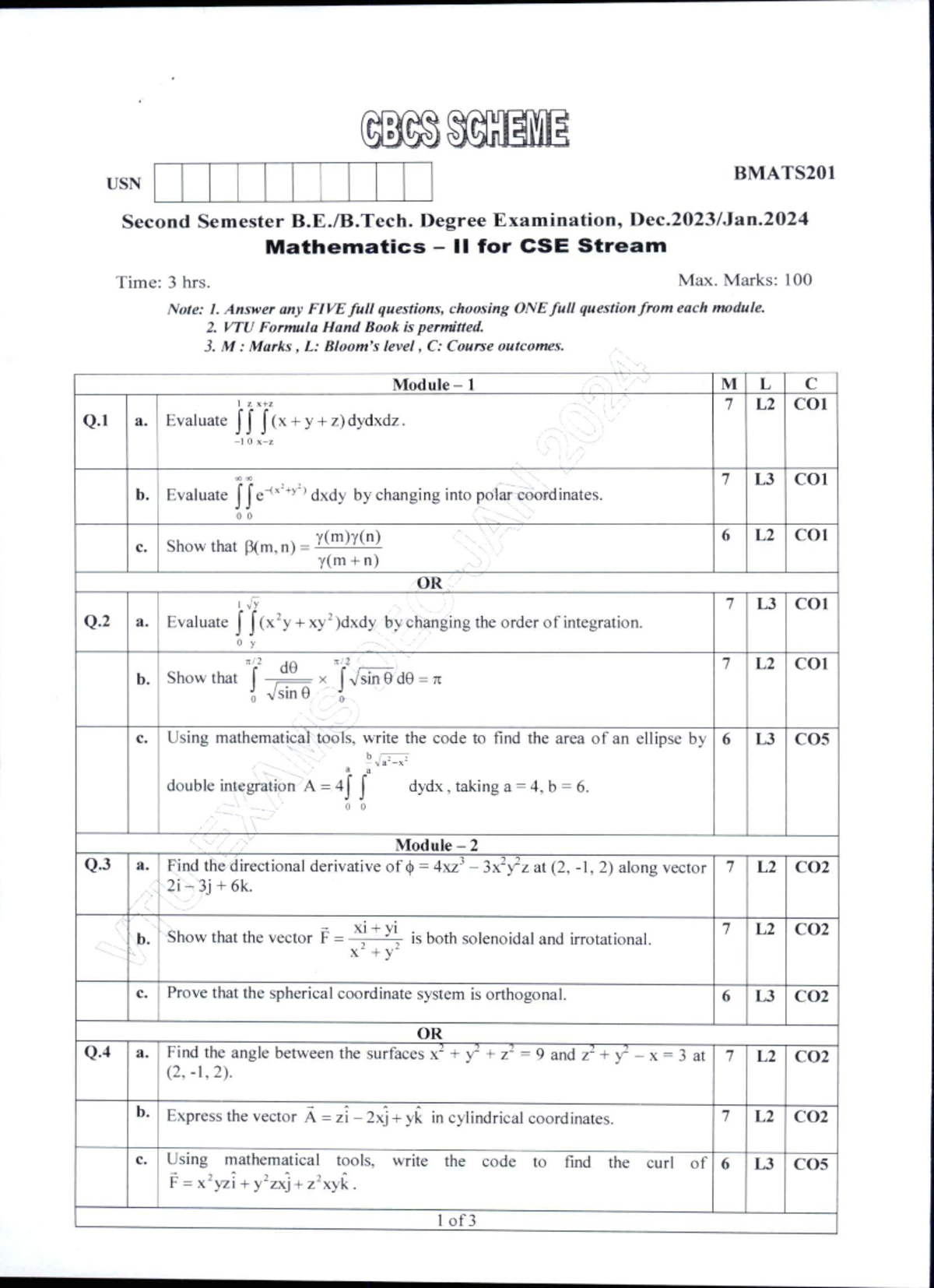 SCH BMATS201 - pyq - CBCS SCHEME BMATS201 USN Second Semester Degree Examination, Mathematics II ...