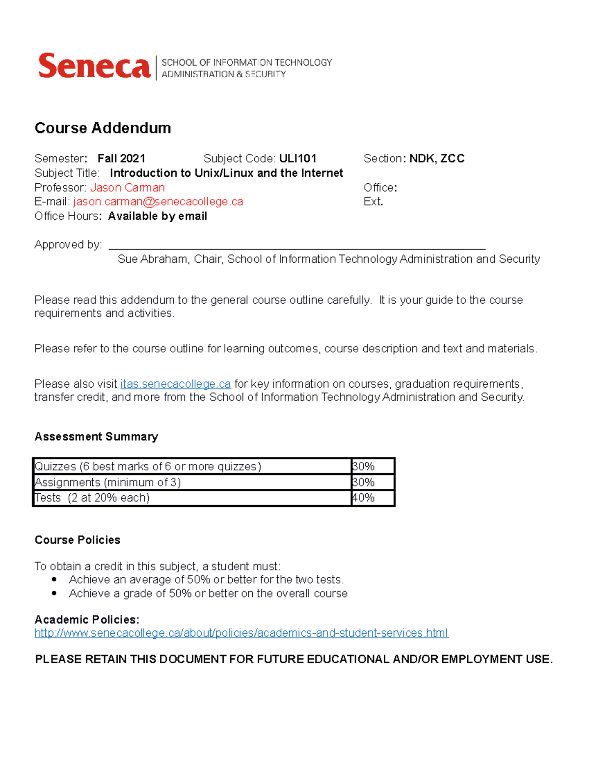ULI101 Course Addendum - Jason Carman - Course Addendum Semester : Fall ...