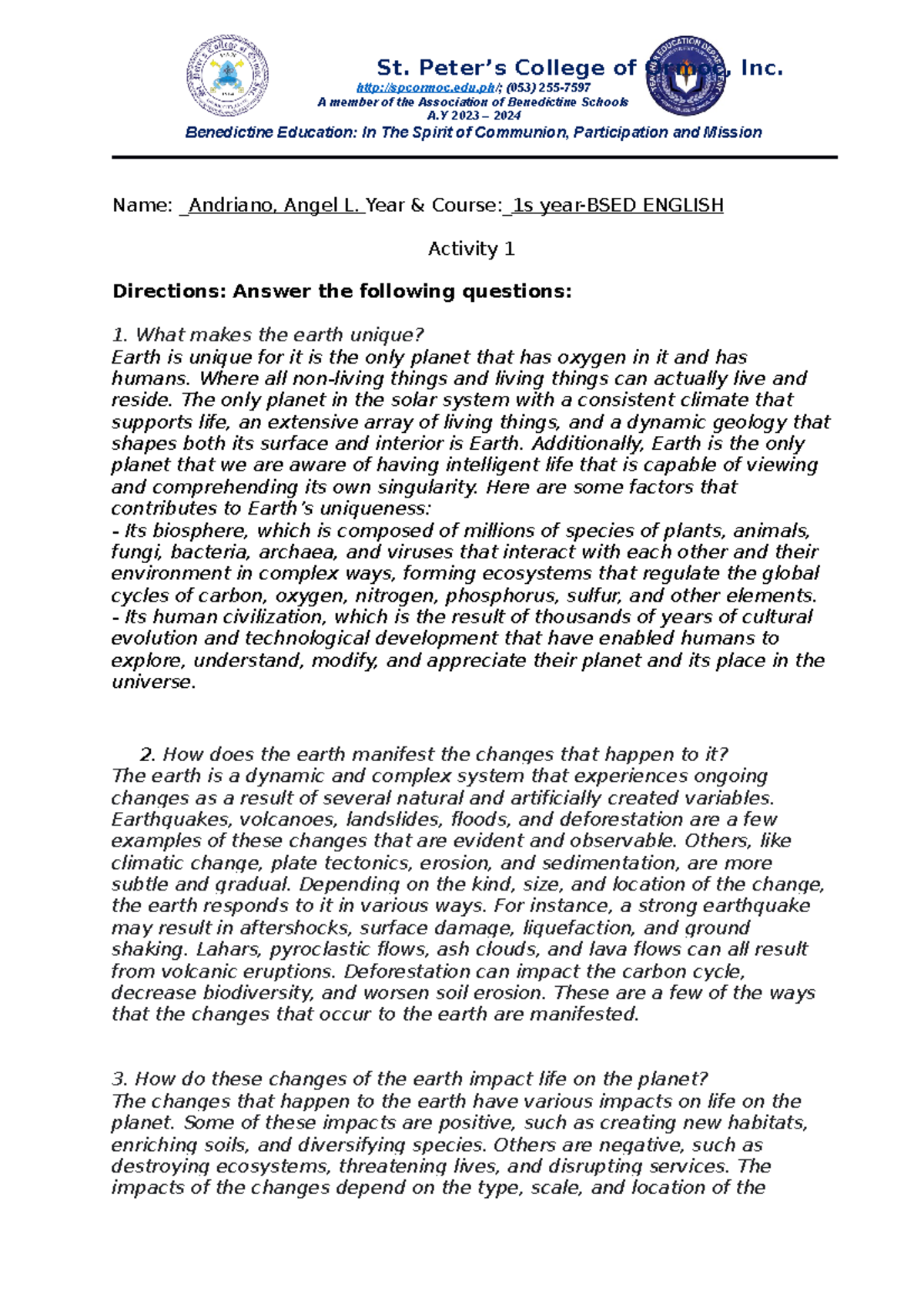 Activity-1 - This subject is for Earth Science students. - St. Peter’s ...