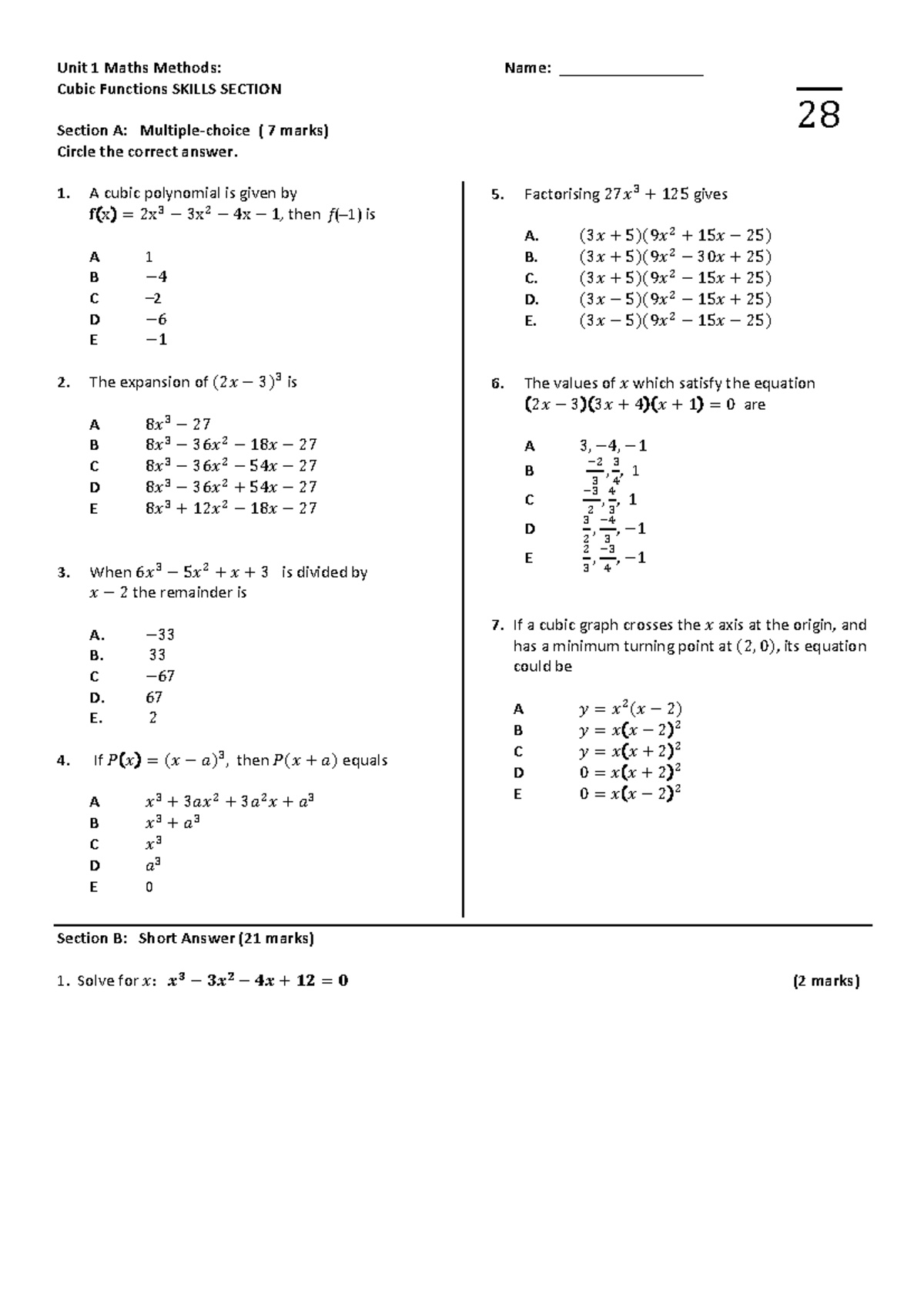 2014 Cubic Function Skills Test - Unit 1 Maths Methods: Name ...