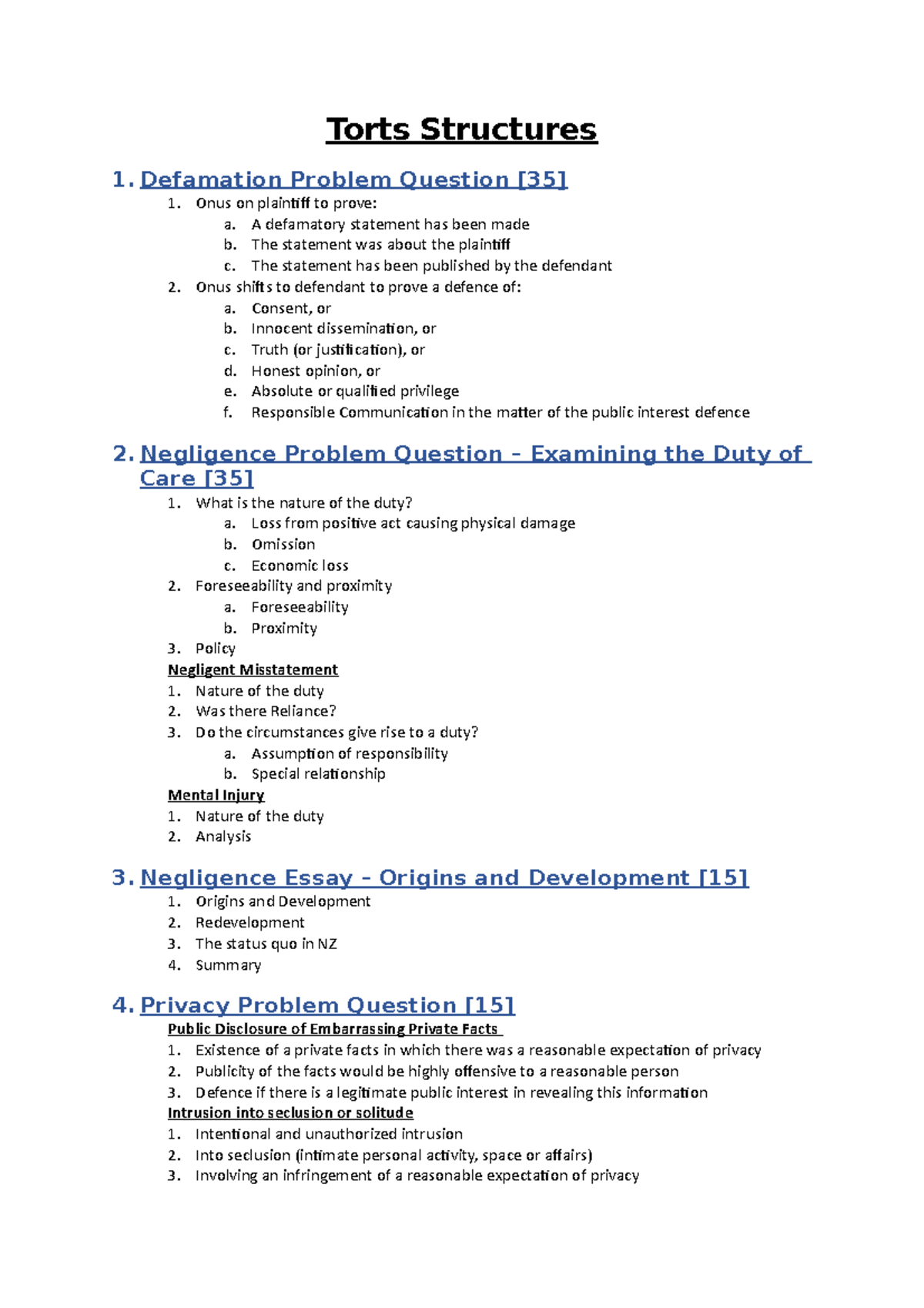 Tort Law Structures - Torts Structures 1. Defamation Problem Question ...