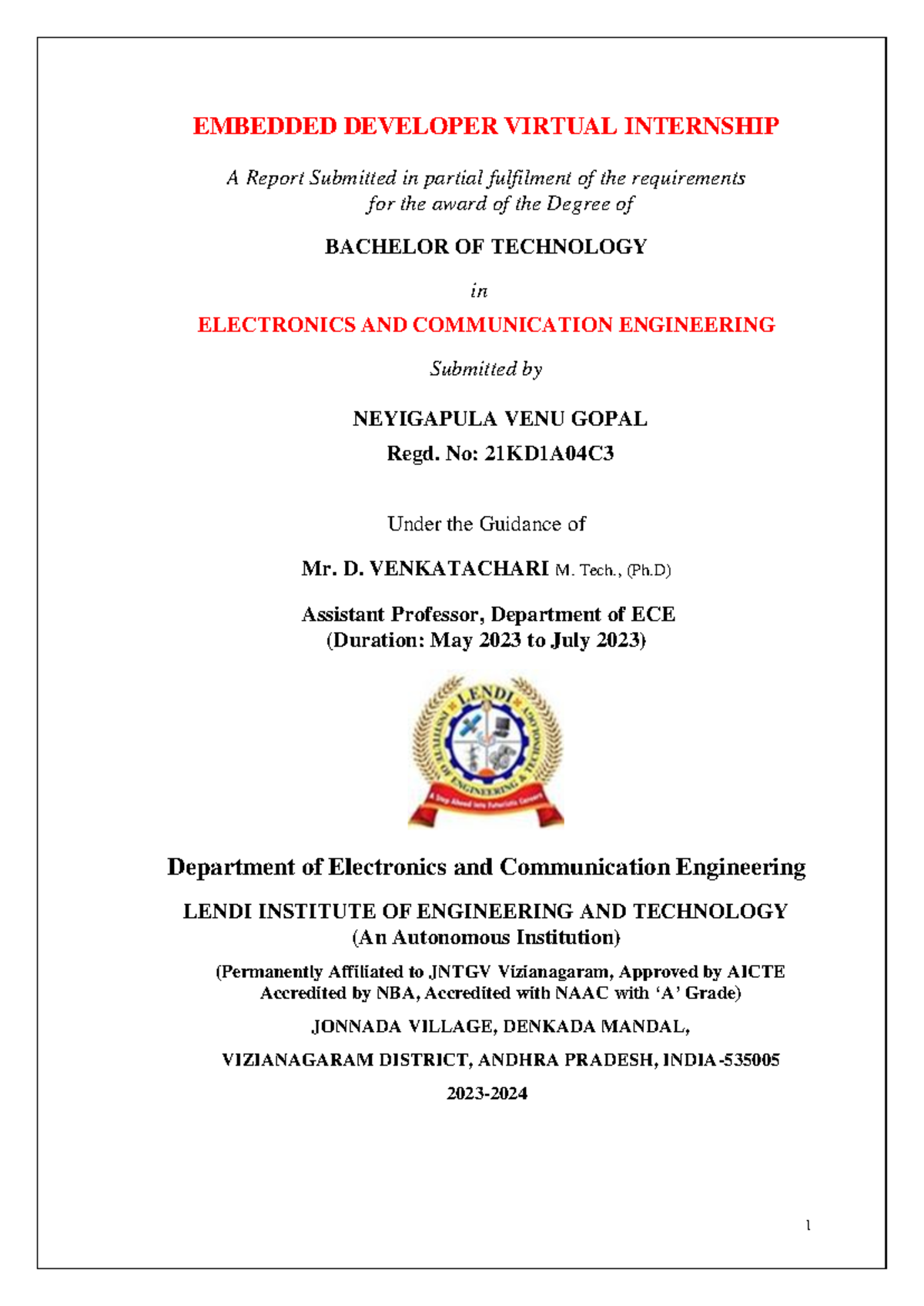 Embedded doc 4C3 - Internship doc - EMBEDDED DEVELOPER VIRTUAL INTERNSHIP A Report Submitted in ...