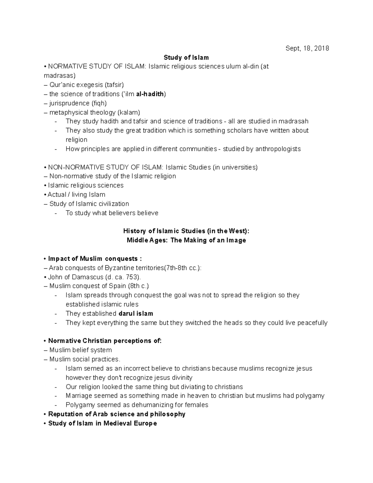 Islamic Traditions: Lecture 2 Notes - Sept, 18, 2018 Study of Islam ...
