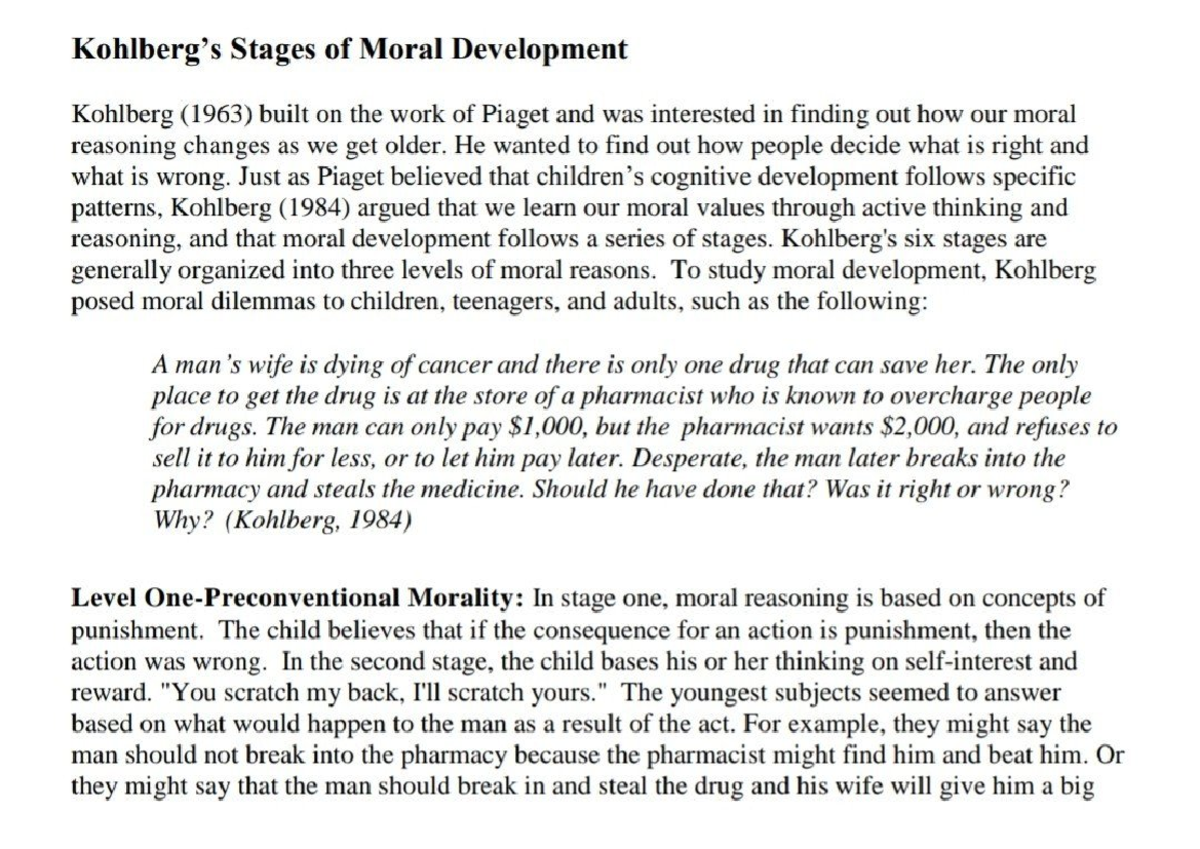 Kohlberg's theory - Bsc psychology - Studocu