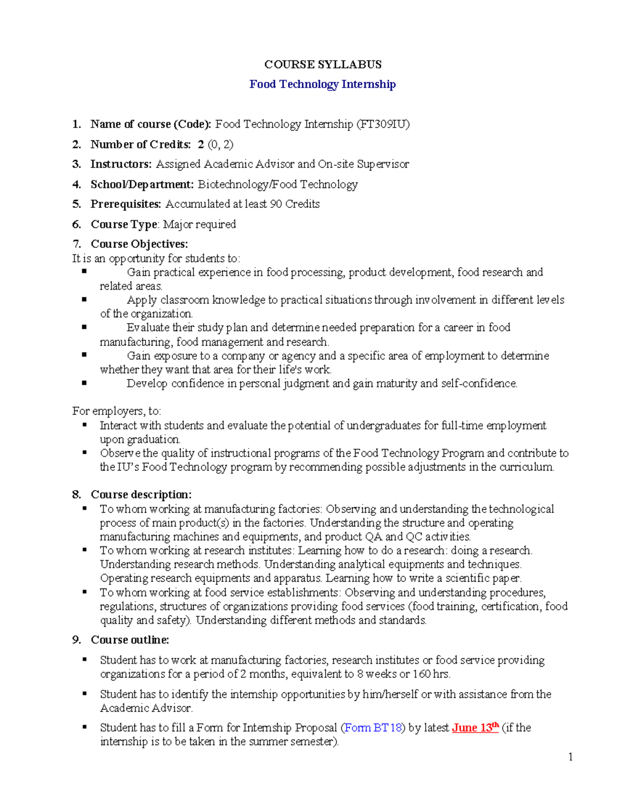 Syllabus-Internship-FT - COURSE SYLLABUS Food Technology Internship ...