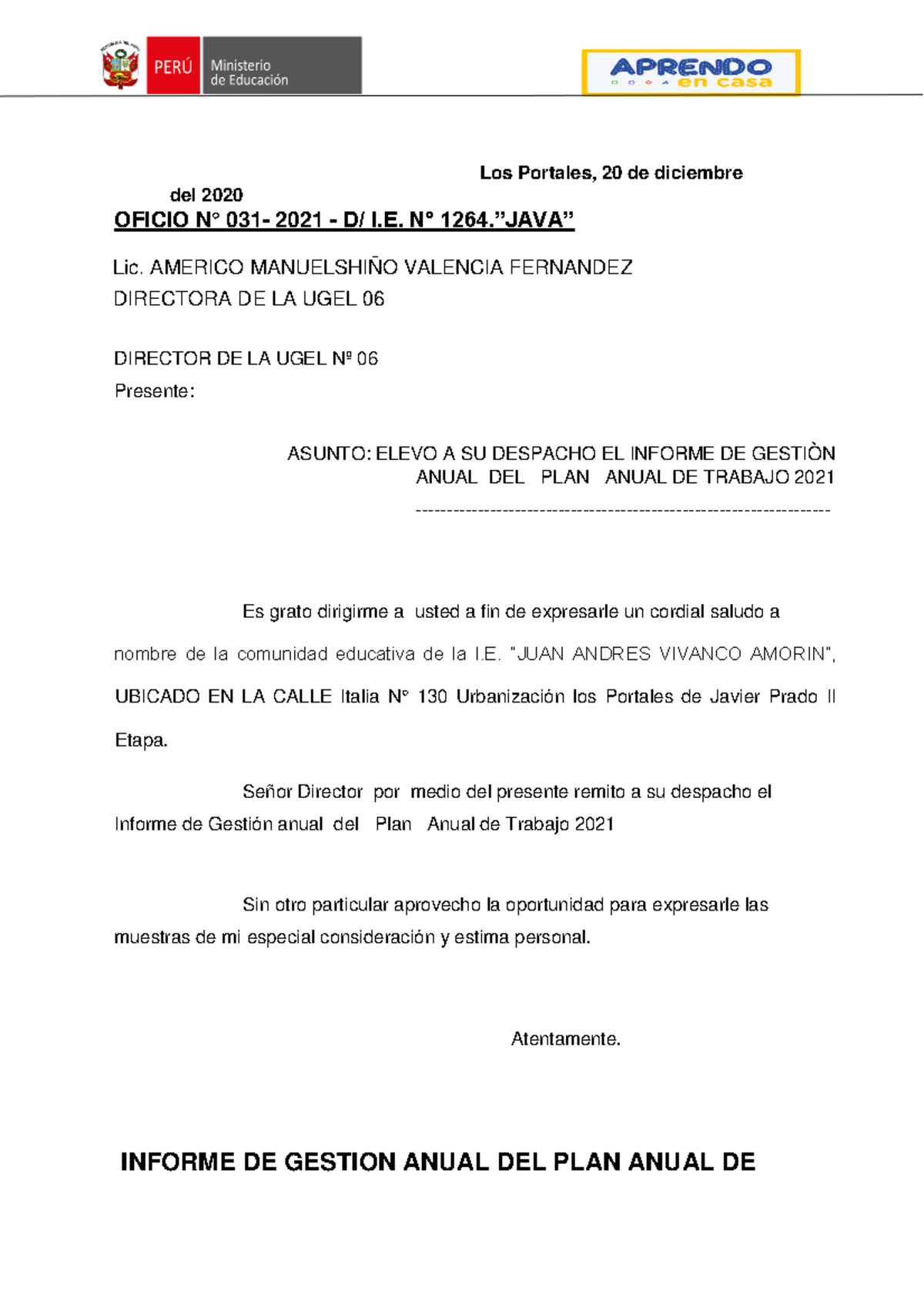 Informe DE Gestion Anual DEL PLAN Anual DE Trabajo 2021 - Los Portales, 20 de diciembre del 2020 ...