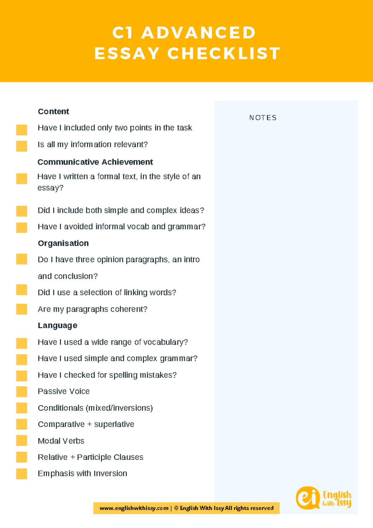 C1 Advanced Essay Checklists - C 1 A D 9 A N C E D E 6 6 A