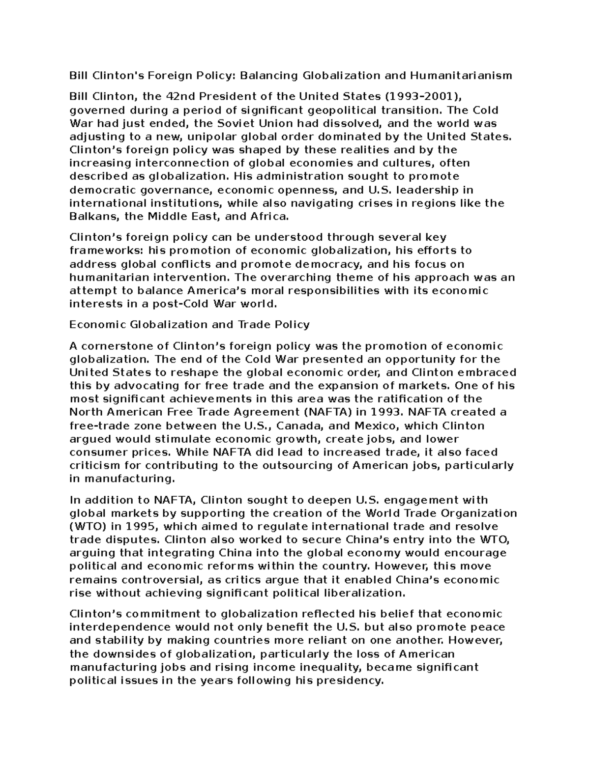 Bill Paradigm - Description - Bill Clinton's Foreign Policy: Balancing ...