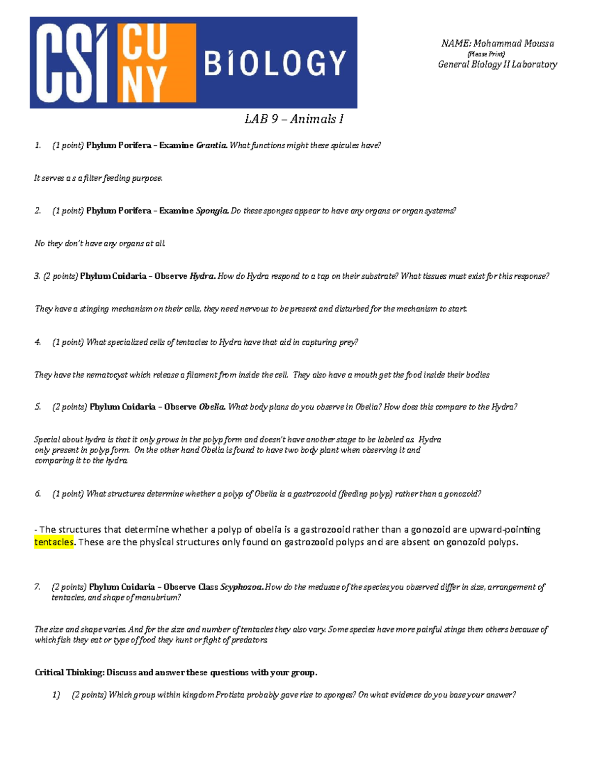 Lab 9 - Animals I00 - lab - NAME: Mohammad Moussa (Please Print ...