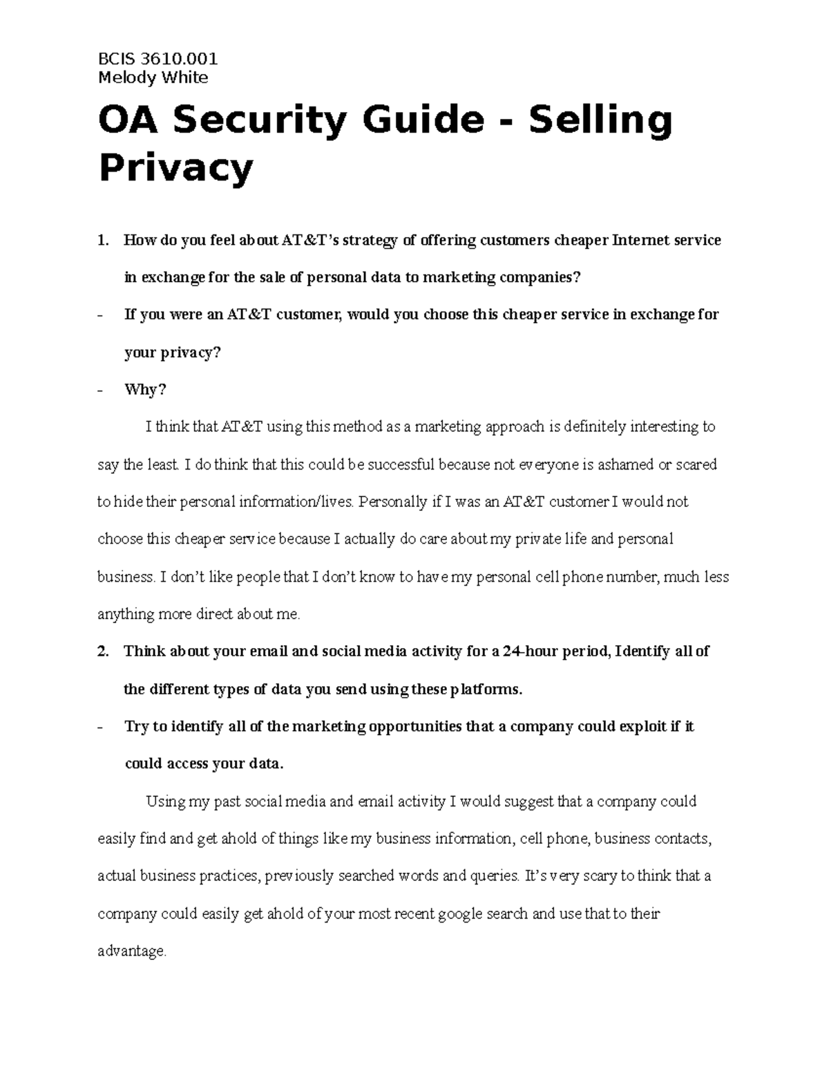 UNT - BCIS 3610 "OA Security Guide - Selling Privacy" - BCIS 3610 ...