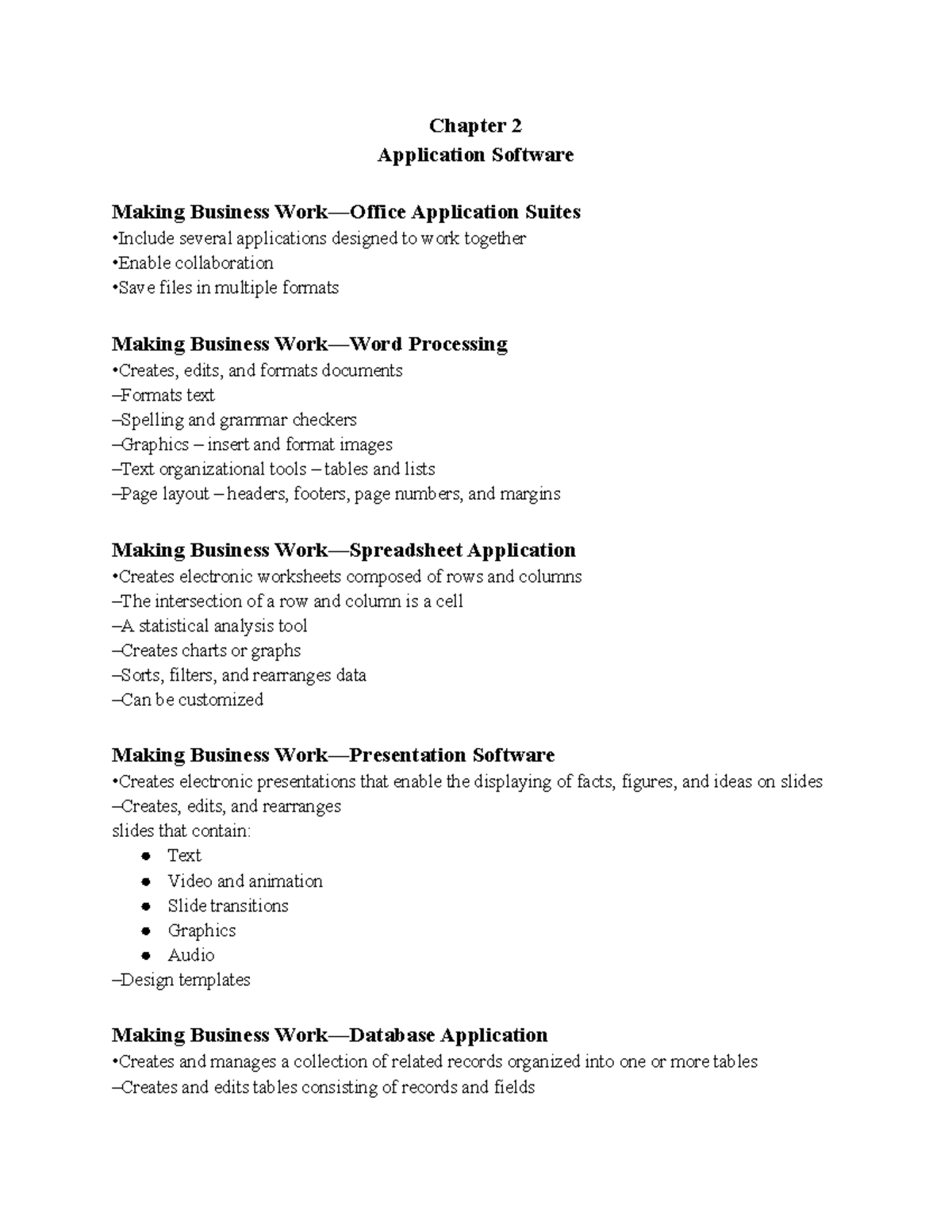 Chapter 2- Application Software - Chapter 2 Application Software Making Business Work—Office ...