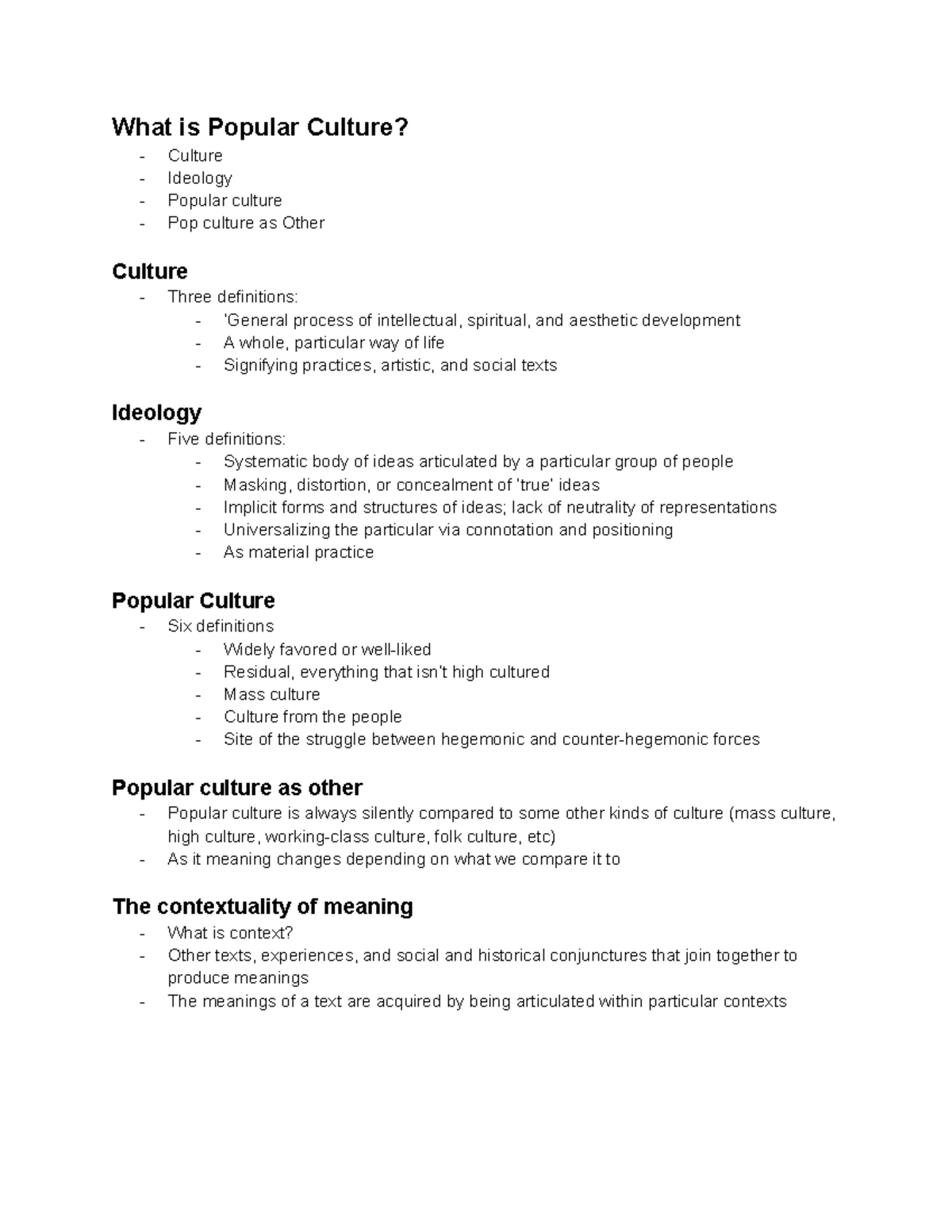 Culture notes - What is Popular Culture? Culture Ideology Popular ...