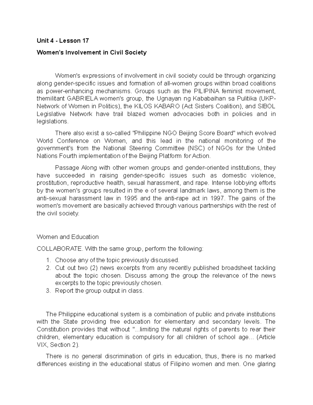 Womens Involvement in Civil Society and Actual Case Two - Unit 4 ...