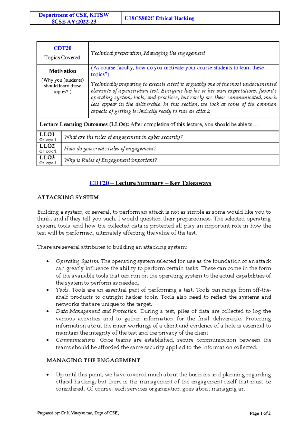 Hacking Notes Department Of Cse Kitsw 8cse Ay2022 U18cs802c