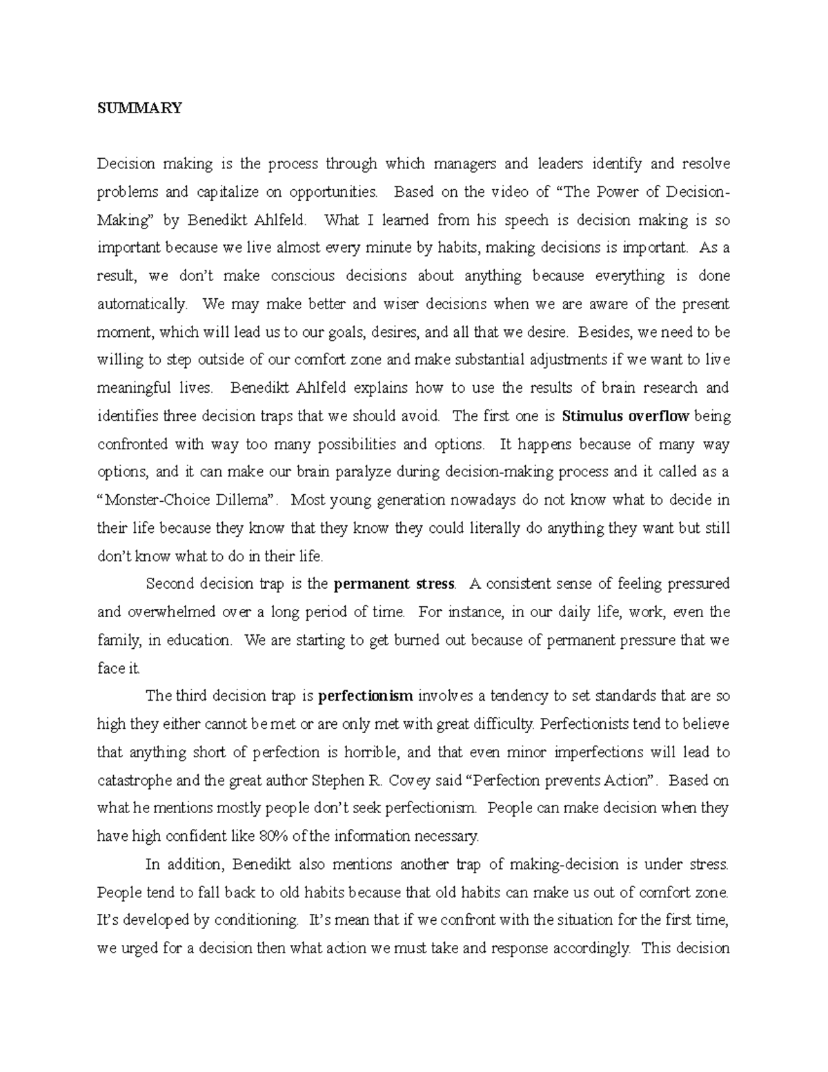 The power of decision making - SUMMARY Decision making is the process ...