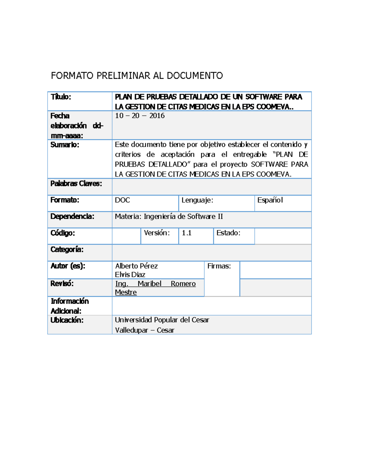 Prime entrega del la eps - FORMATO PRELIMINAR AL DOCUMENTO Título ...