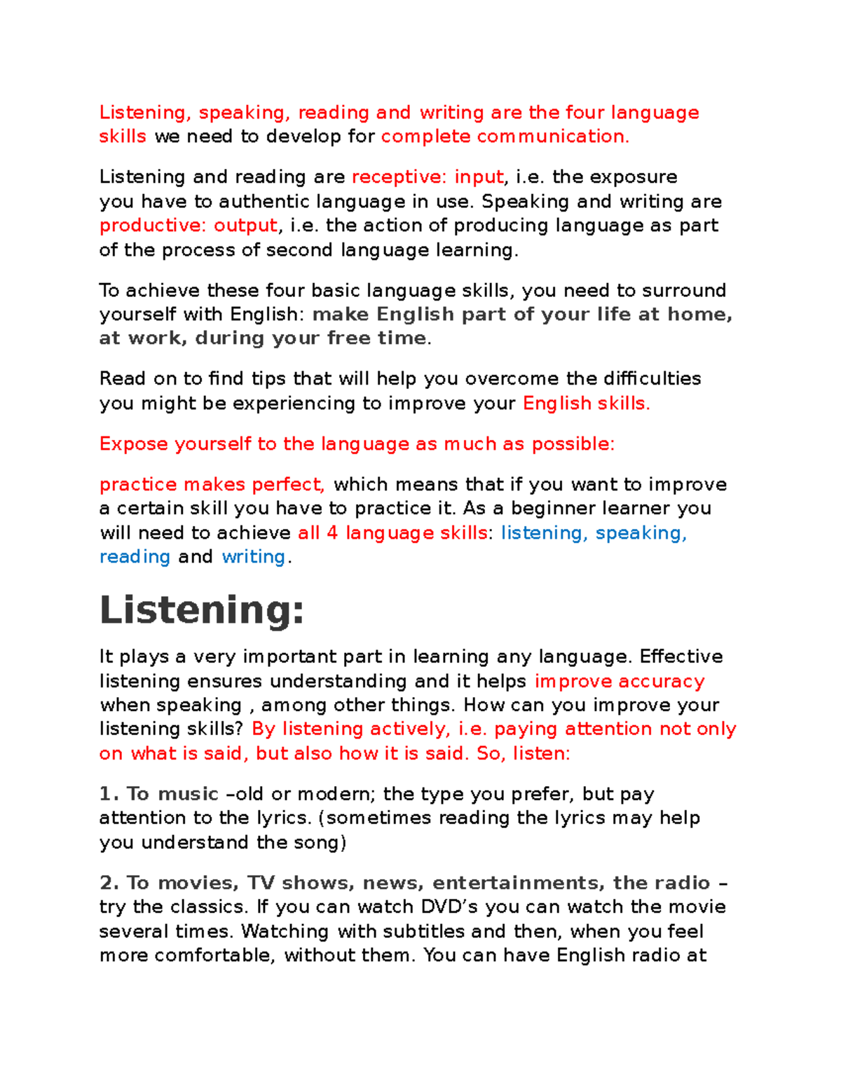 1. Language Skills - study for the exam - Listening, speaking, reading ...
