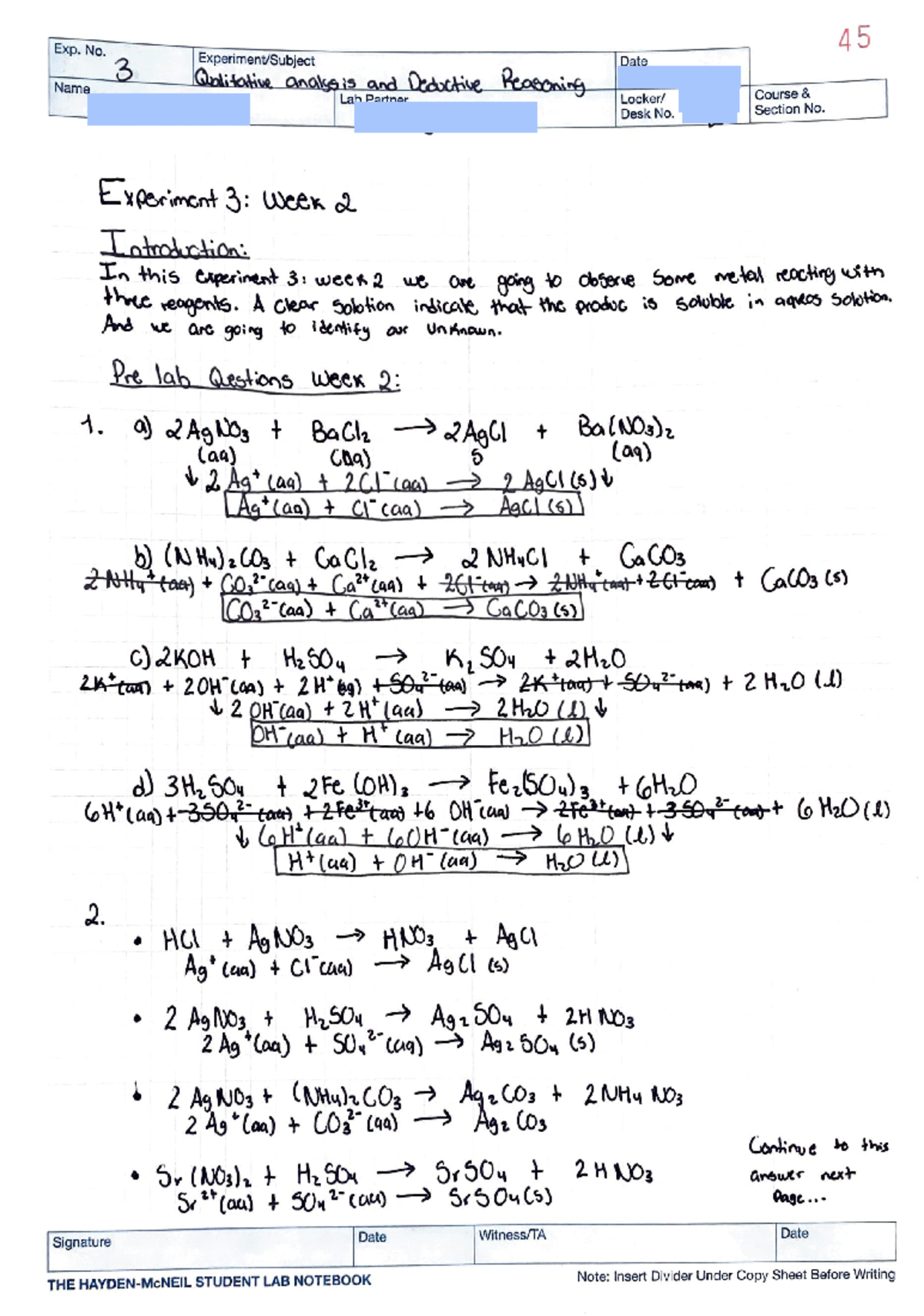 Chem 1AL Exp 3 part 2 - All experiment 3, part 2 - Exp. No. 45 3 Date ...