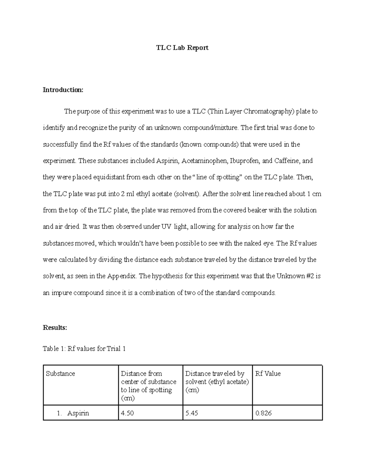 TLC lab report - TLC Lab Report Introduction: The purpose of this ...