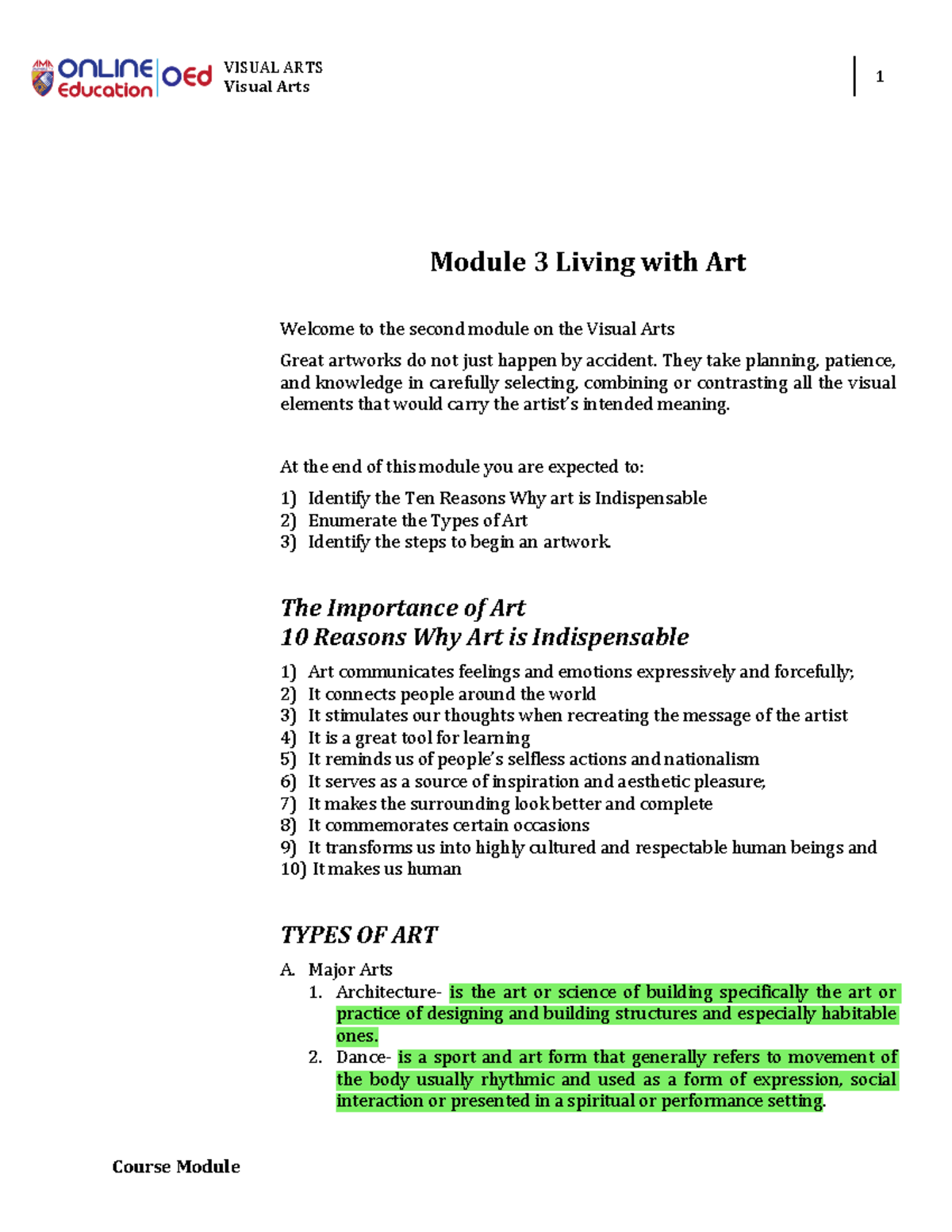 Week 3-4 - Module 3 Living with Art - VISUAL ARTS Visual Arts 1 Course ...