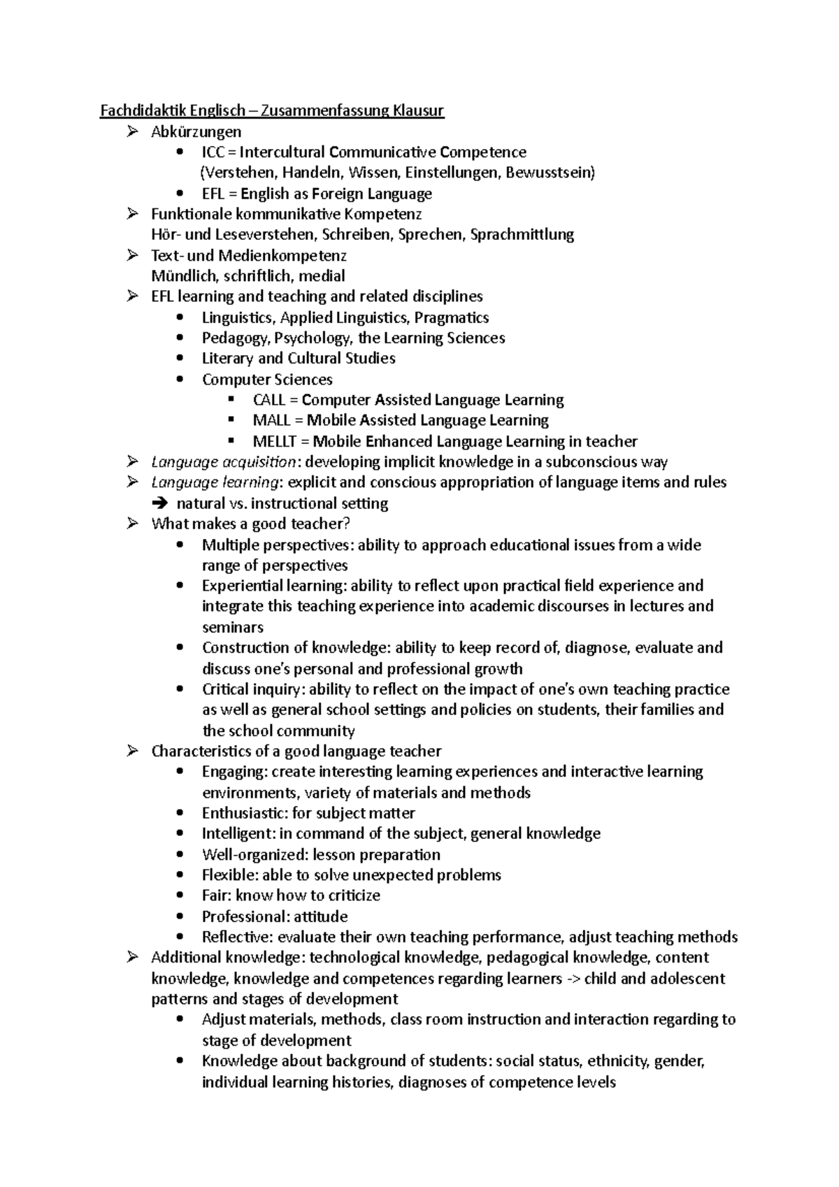 Fachdidaktik Englisch – Zusammenfassung Klausur - instructional setting ...