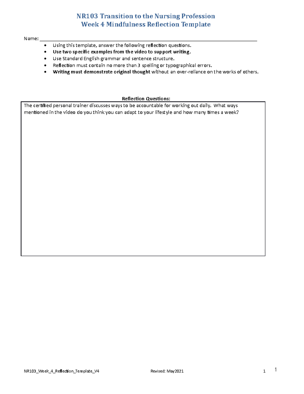 NR103 Week4 Reflection Template May2021 - NR-103 - Chamberlain ...