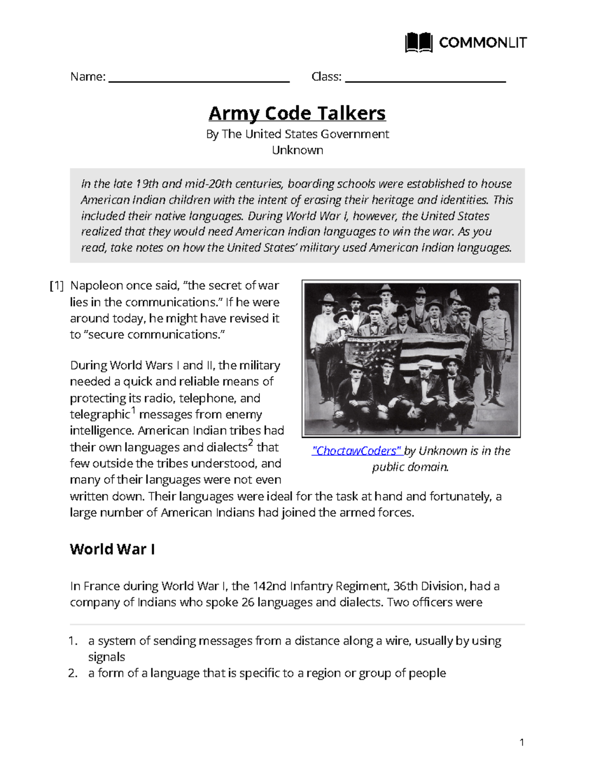 Army Code Talkers-student copy - Name: Class: "ChoctawCoders" by ...