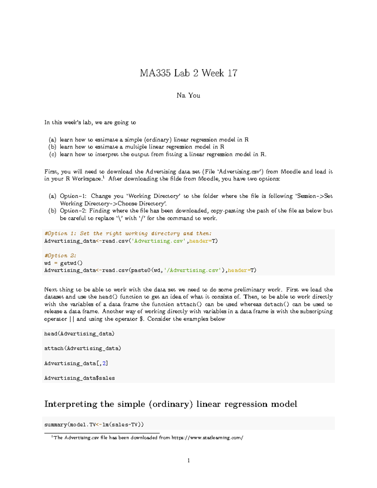Week17-Lab2 - lab - MA335 Lab 2 Week 17 Na You In this week’s lab, we ...