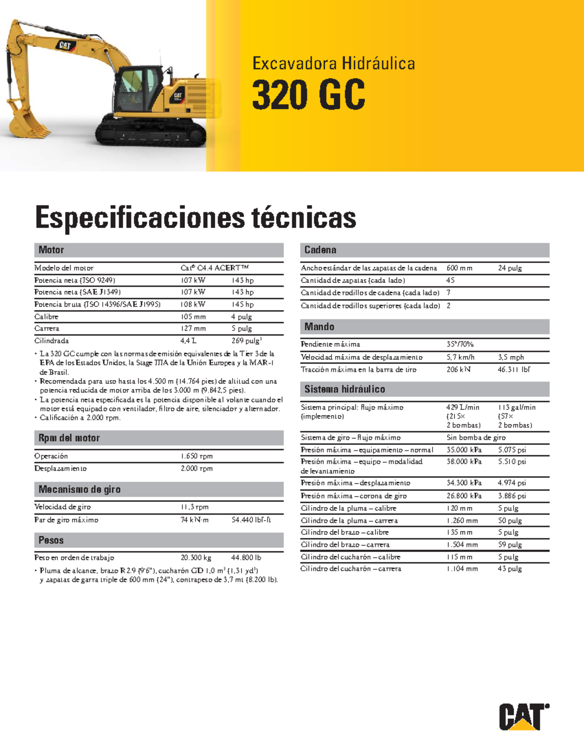 Ficha Excavadora komatsu - Excavadora Hidráulica 320 GC Especificaciones técnicas Motor Cadena ...