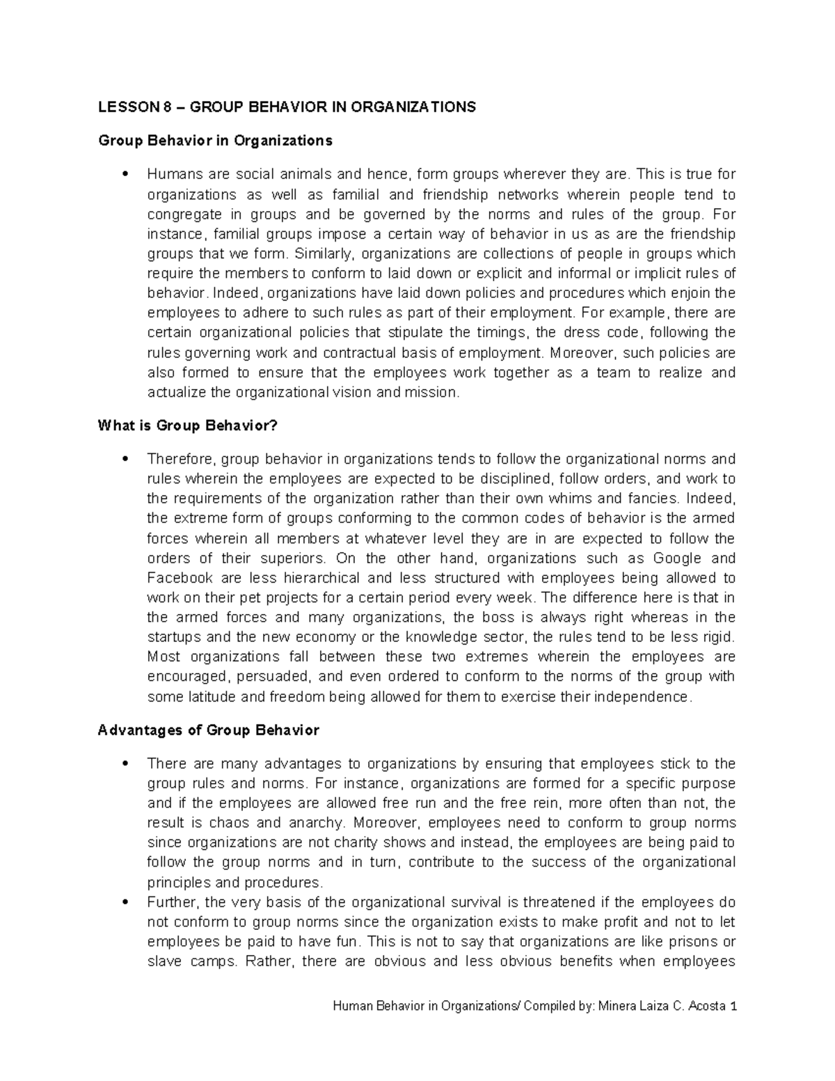 Lesson 8 - HBO - LESSON 8 – GROUP BEHAVIOR IN ORGANIZATIONS Group ...