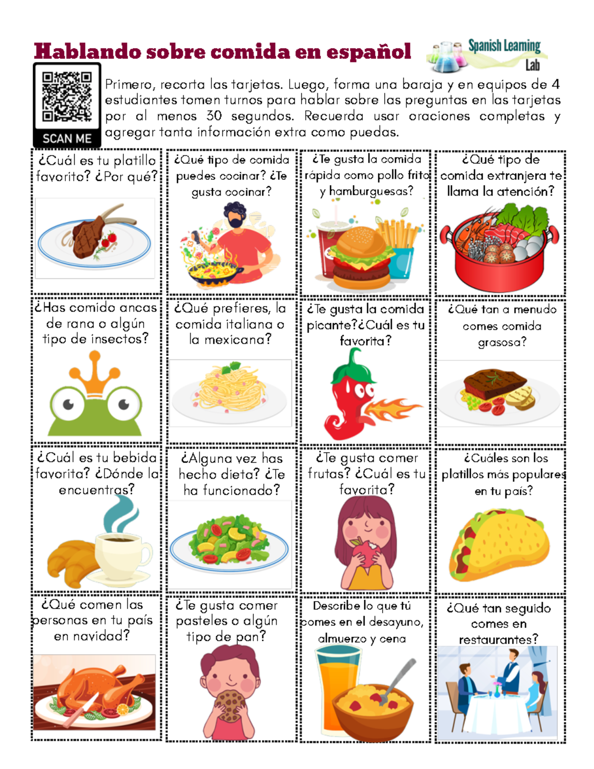 Food in Spanish conversation cards pdf worksheet hablando de la comida ...