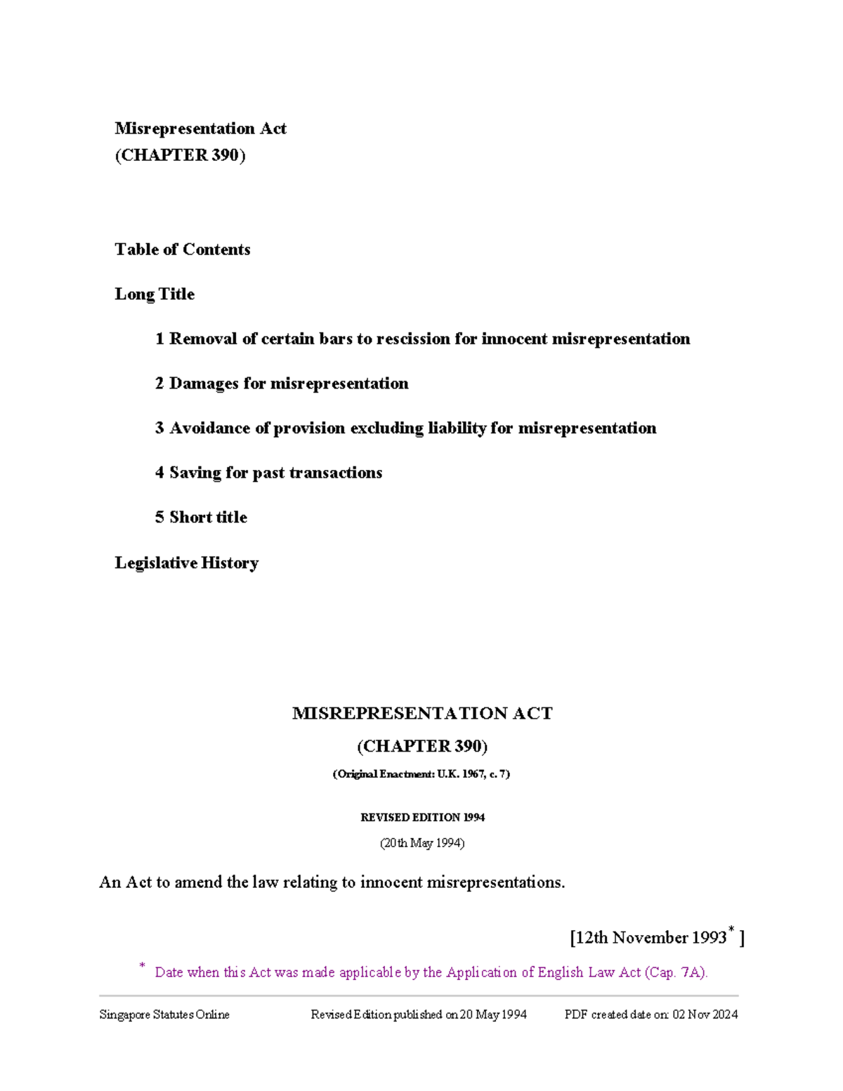Misrepresentation Act - Singapore Statutes Online Revised Edition ...
