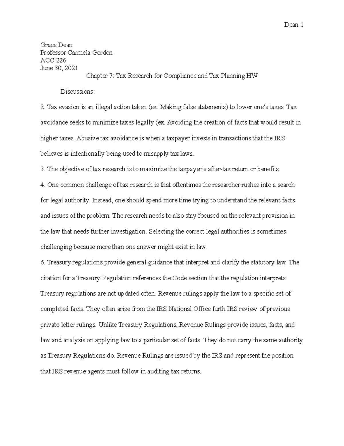 Chapter 7 HW ACC226 Dean - Dean 1 Grace Dean Professor Carmela Gordon ...