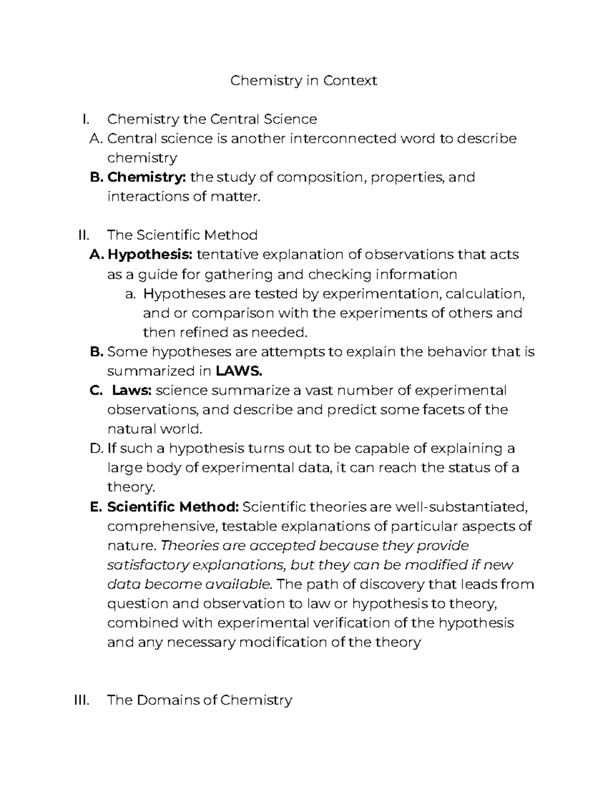 Notes of 1 - Chemistry in Context I. Chemistry the Central Science A ...