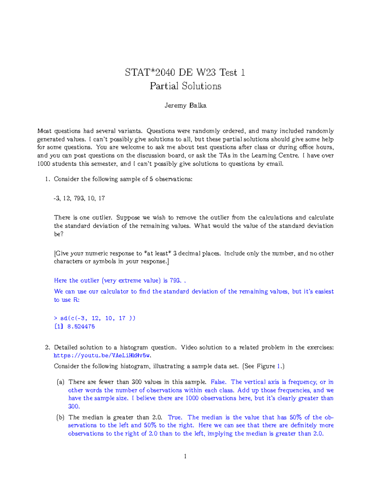 2040DE W23 test 1 partial solutions - STAT*2040 DE W23 Test 1 Partial ...