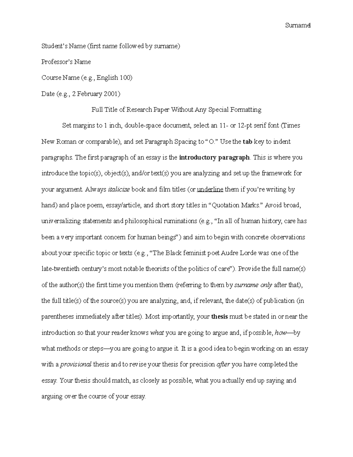 MLA Research Essay with Appendix template - Student’s Name (first name ...