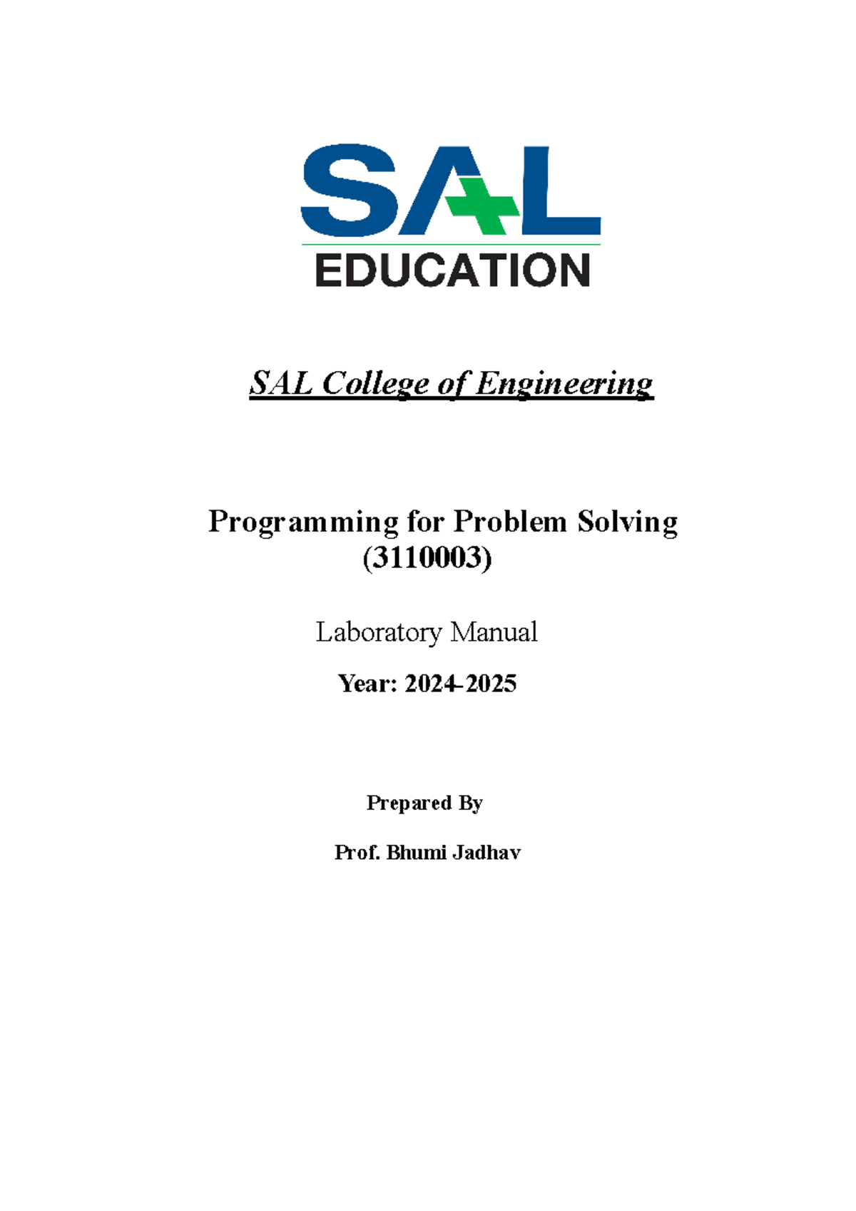 PPS Lab Manual 2024 - SAL College of Engineering Programming for Problem Solving (3110003) - Studocu