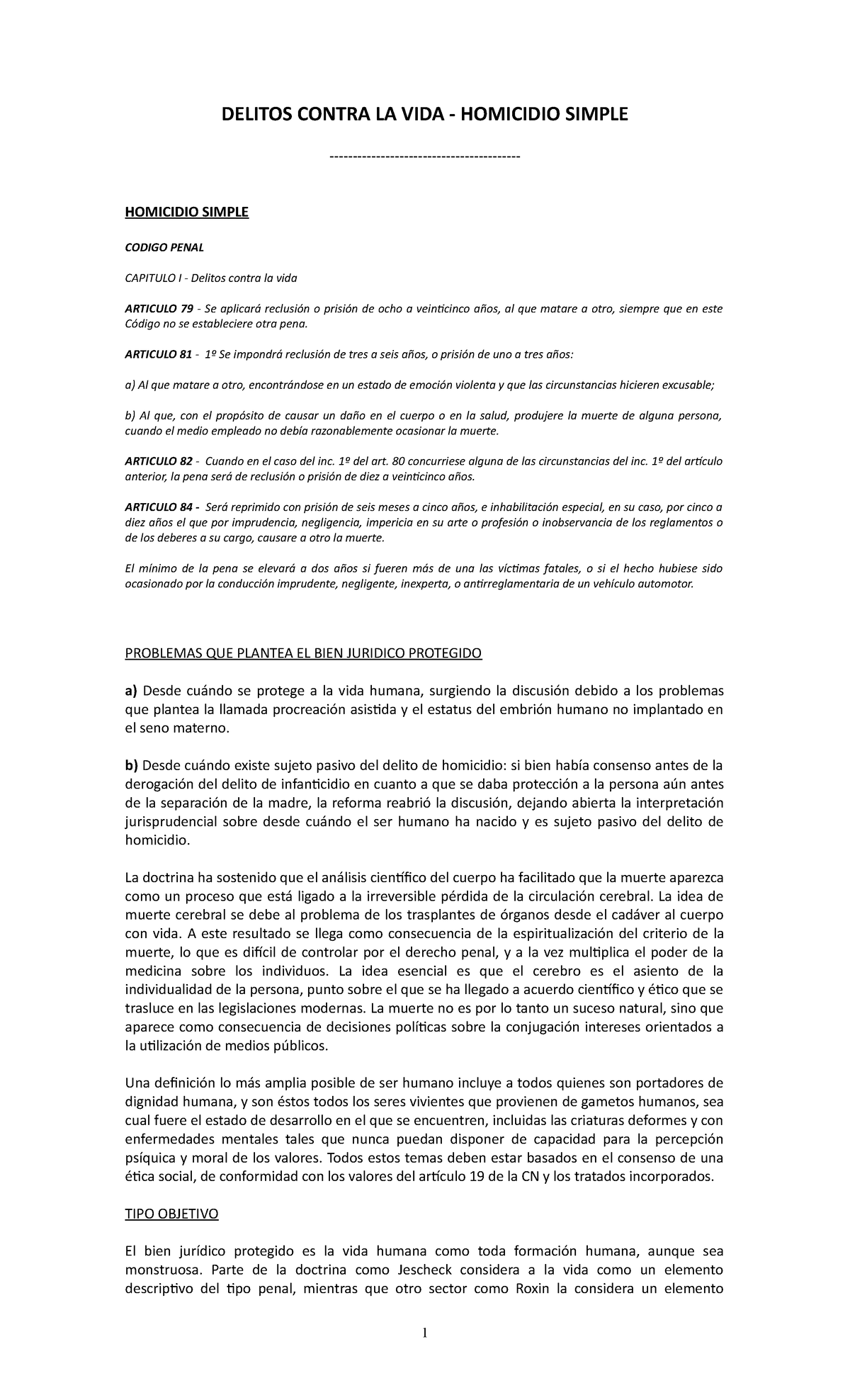 2. La protección penal de la vida - Homicidio Simple - DELITOS CONTRA ...