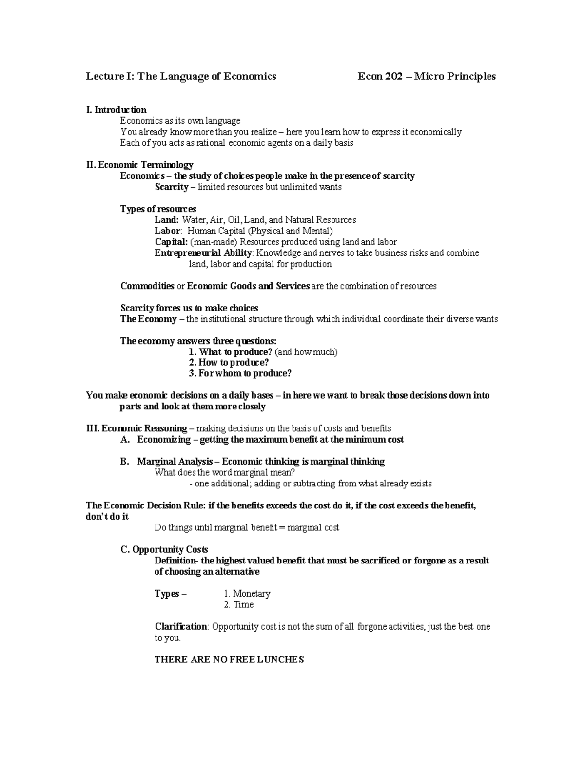 Lecture 1 - Basic Language - Lecture I: The Language of Economics Econ 202 – Micro Principles I ...