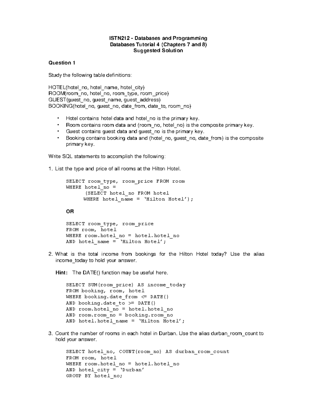 Istn212 Databases Tutorial 5 Chapter 8 Solution Istn 212 Databases And Programming 