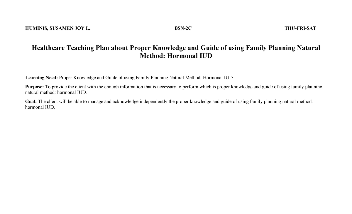 TEACHING PLAN_HELPFUL - HUMINIS, SUSAMEN JOY L. BSN-2C THU-FRI-SAT ...